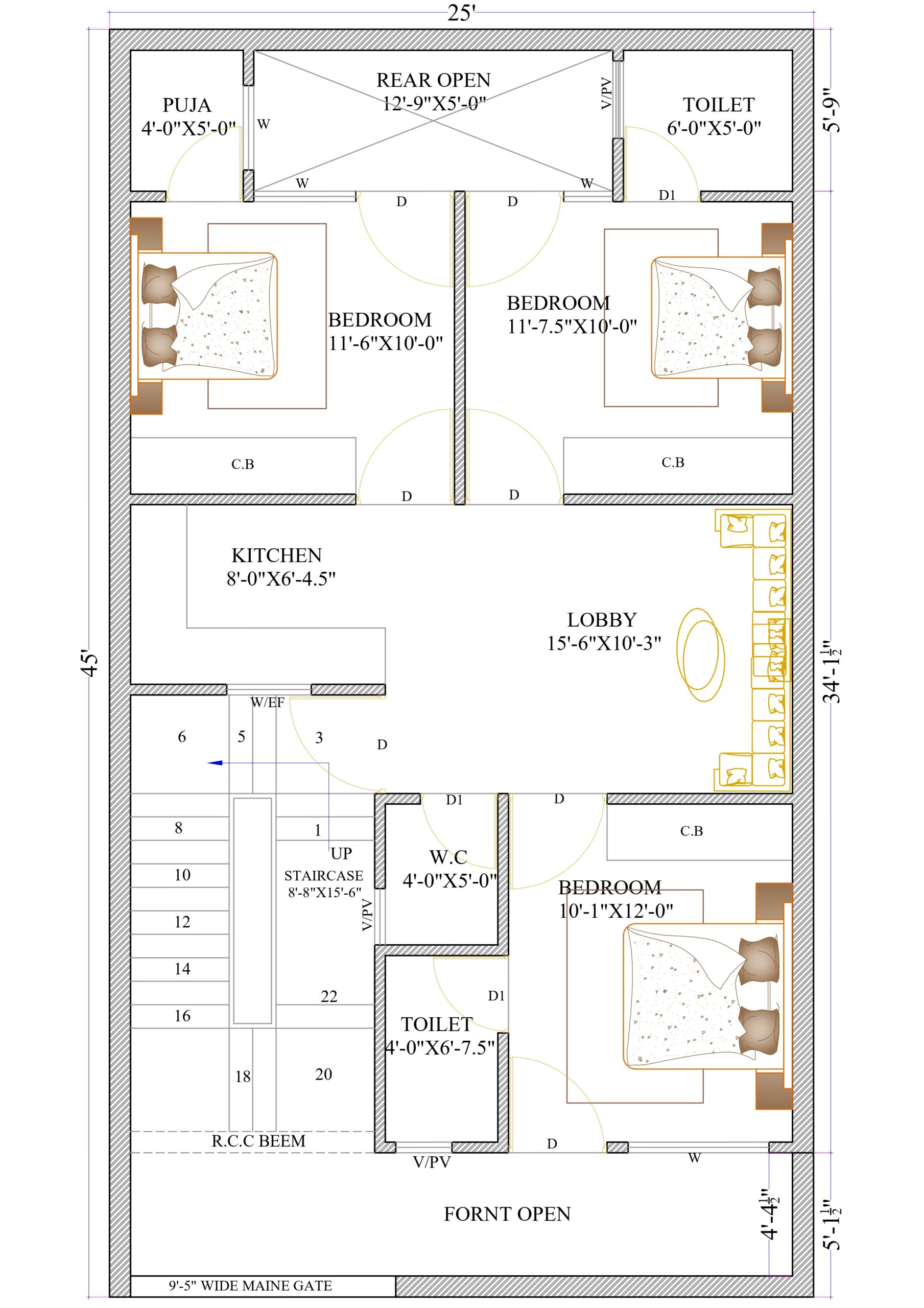 HOUSE PLAN OF SIZE 25 FEET BY 45 FEET 25X45 125 SQUARE YARDS WEST HOUSE PLAN OF SIZE 25 FEET BY 45 FEET 25X45 125 SQUARE YARDS WEST
